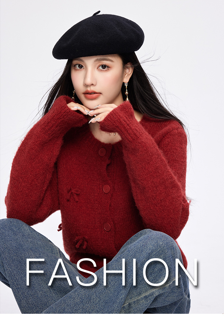 G0399红色圆领小香风蝴蝶结舒适针织开衫2024秋季新款漂亮上衣-阿里巴巴