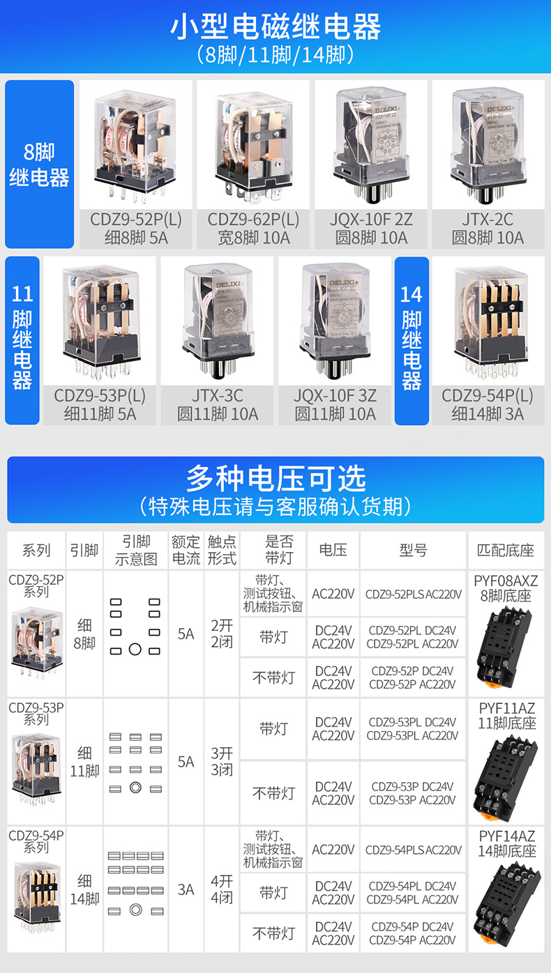 德力西中间继电器CDZ9L-52P 53P 54P小型62P带灯HH52P电磁220V24V-阿里巴巴