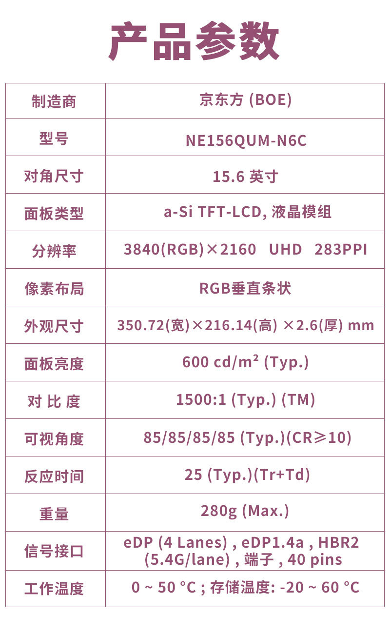 京东方BOE 15.6寸NE156QUM-N6C LCD显示屏EDP 超清3840*2160 40p-阿里巴巴