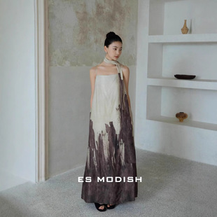 ES MODISH 夏季新品法式复古优雅渐变吊带连衣裙装饰领带气质长裙-阿里巴巴