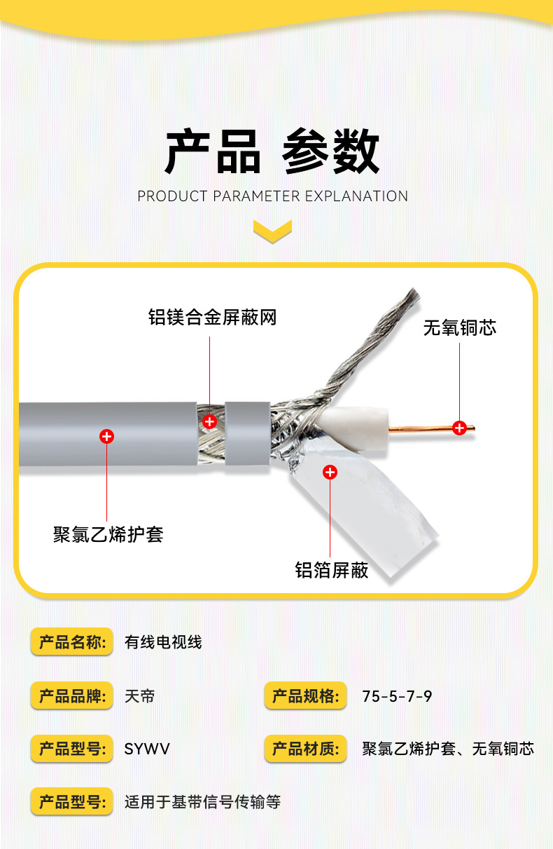 厂家直销天帝SYWV75-9同轴电缆电线高清闭路有线电视线纯铜双屏蔽-阿里巴巴