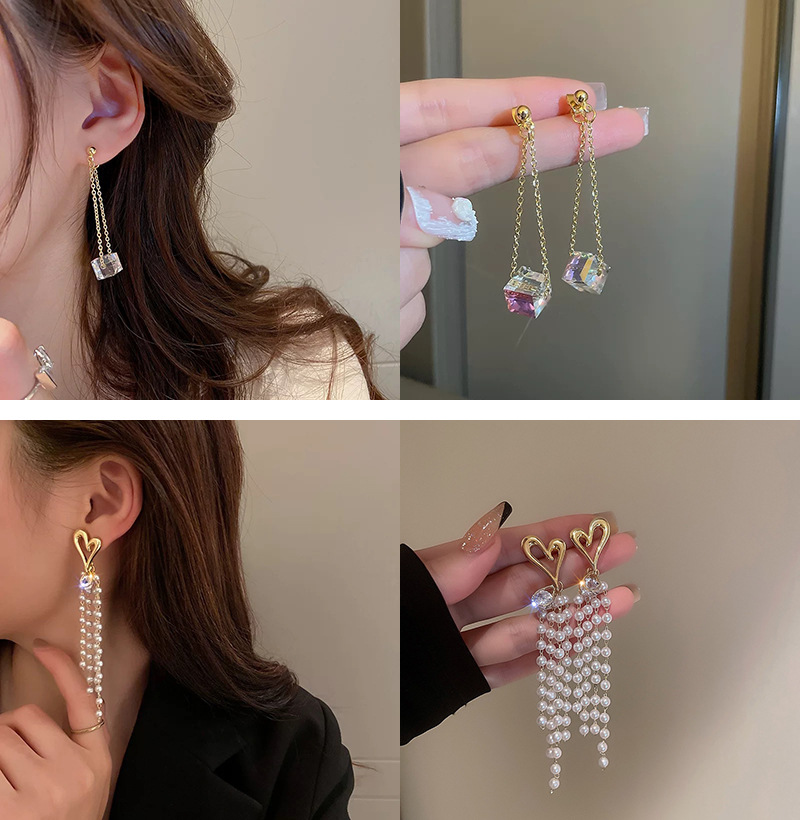 银针时尚水晶镶钻花朵流苏耳环个性设计感珍珠耳钉小众气质耳饰女-阿里巴巴