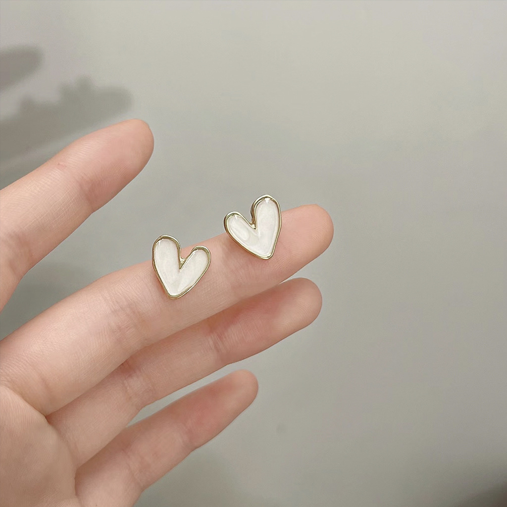 夏日新款~ins风925银针镀14K滴油白色爱心耳钉 简约素雅耳饰 耳环-阿里巴巴