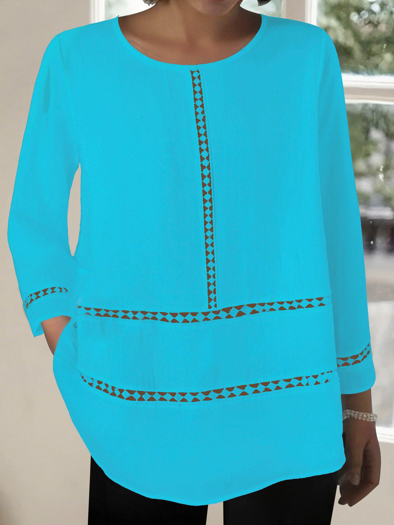 2025亚马逊跨境衬衣女士圆领半透明纯色镂空长袖中东风情宽松纯棉-阿里巴巴