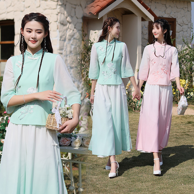 Women girls fairy hanfu qipao dresses pink mint vintage gradient print ...