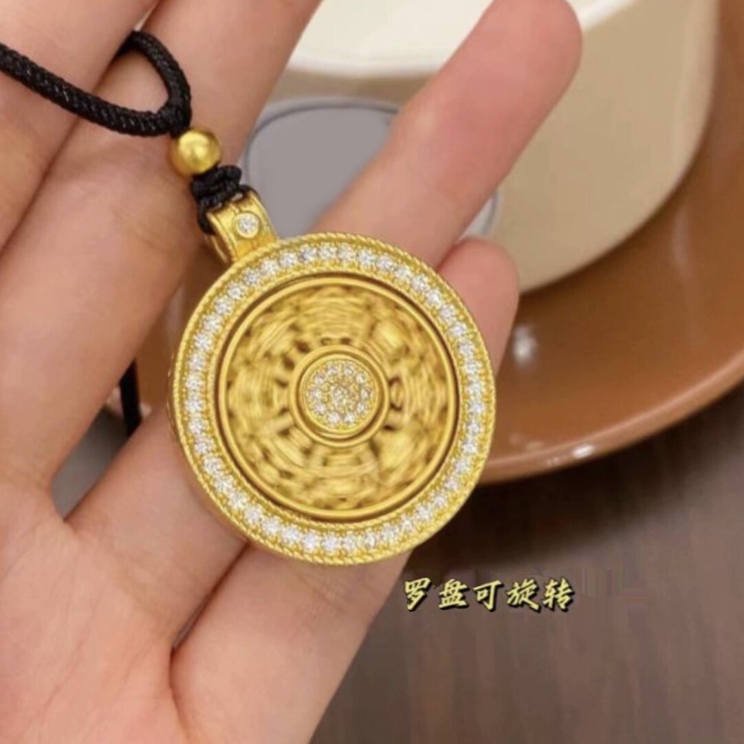 古法沙金饰品镶钻转动八宝罗盘吊坠如意绳项链女新中式毛衣链配饰-阿里巴巴