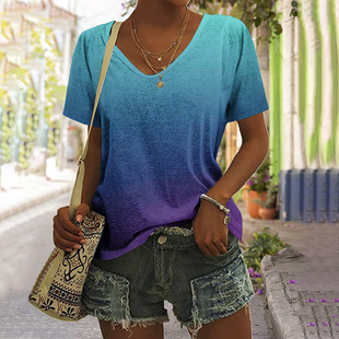 【现货】2023Temu夏季新款欧美跨境女士T恤3D纯色女式V领T恤-阿里巴巴