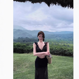 woppei蕾丝禁果性感辣妹V领半透视蝴蝶结黑色s1p蕾丝花边吊带-阿里巴巴