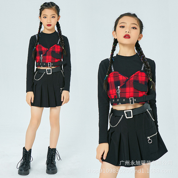 Children's red plaid Brithish style jazz dance street costumes for ...