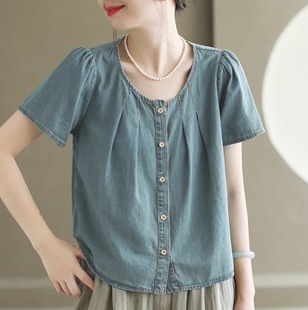 牛仔短袖衬衫女2024文艺复古简约港风圆领泡泡袖显瘦百搭休闲上衣-阿里巴巴