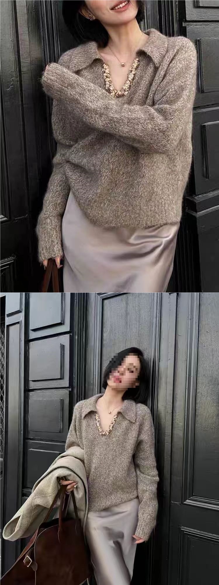 新款特调奶咖领针织衫新款设计感慵懒软糯毛衣-阿里巴巴