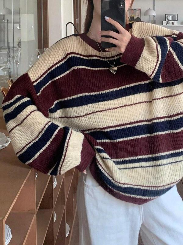 款Women's Colorblock Striped Print Drop Shoulder Sweater-阿里巴巴