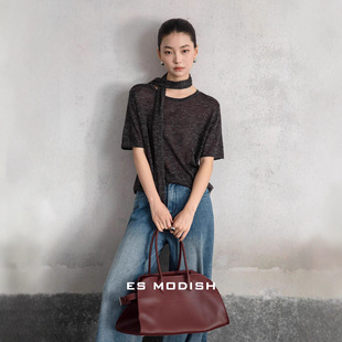 ES MODISH 秋季新品韩系慵懒风短袖T恤领巾装饰设计小众休闲上衣-阿里巴巴