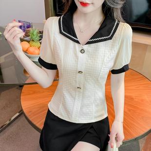 复古娃娃领短袖雪纺衬衫女2024年夏季新款韩版修身显瘦小香风上衣-阿里巴巴