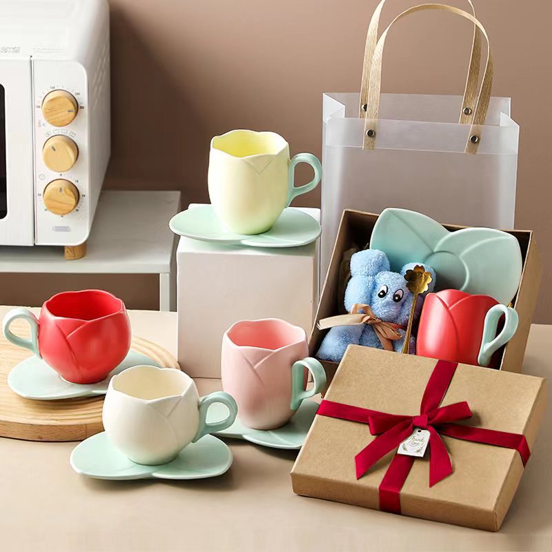 陶瓷郁金香咖啡杯碟礼品套装大容量咖啡杯 家用早餐杯 LOGO广告杯-阿里巴巴