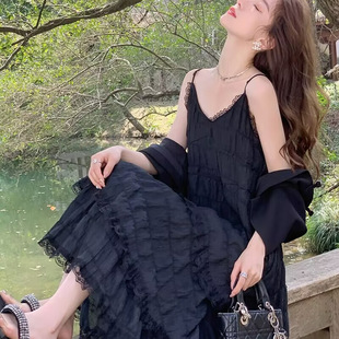 大码女装2024夏新款微胖MM法式遮肚收腰显瘦连衣裙洋气减龄小黑裙-阿里巴巴