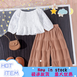 亚马逊跨境欧美春秋女童套装镂空长袖搭宽松阔腿裤女孩套装两件套-阿里巴巴