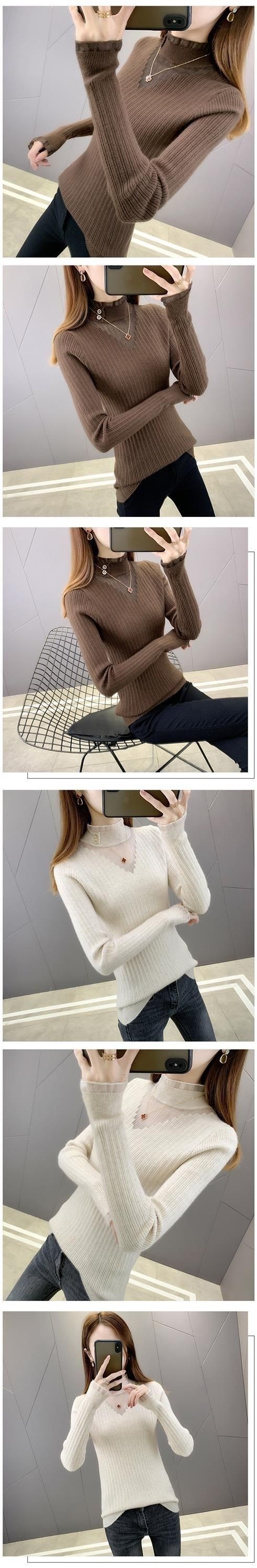 加绒加厚洋气长袖毛衣女秋冬新款修身蕾丝针织衫内搭上衣打底衫-阿里巴巴