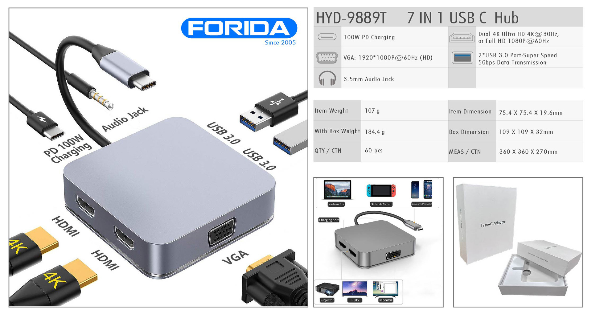 扩展坞USB C HDMI集线器适配器VGA铝合金方型hub7合1Type C拓展坞-阿里巴巴