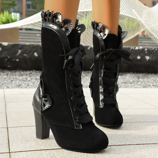 2021 winter Amazon high-heel lace women's leather boots-阿里巴巴