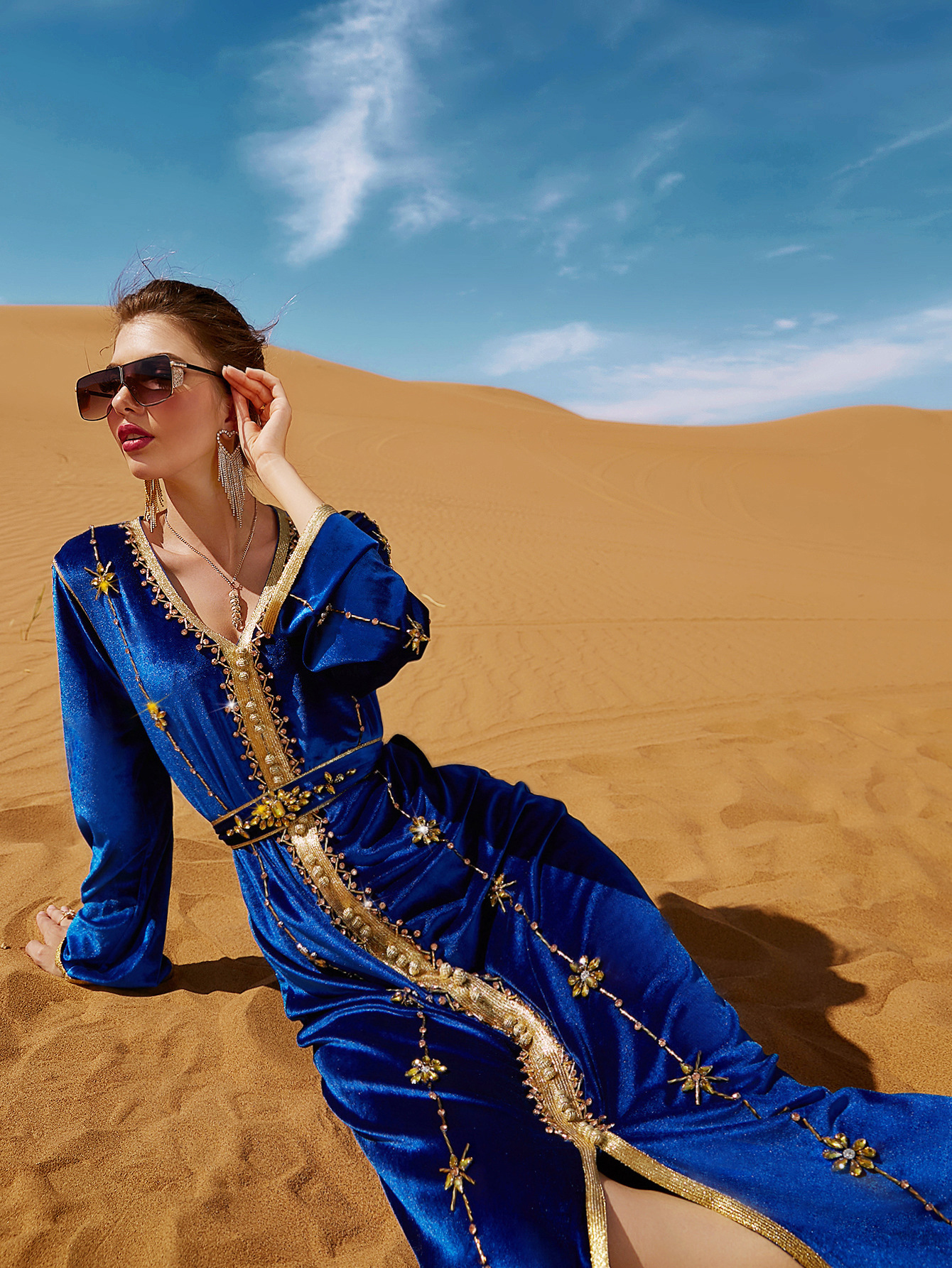 【订货】BA7010新款手工玻璃钻宝蓝色丝绒连衣裙 聚会长裙-阿里巴巴