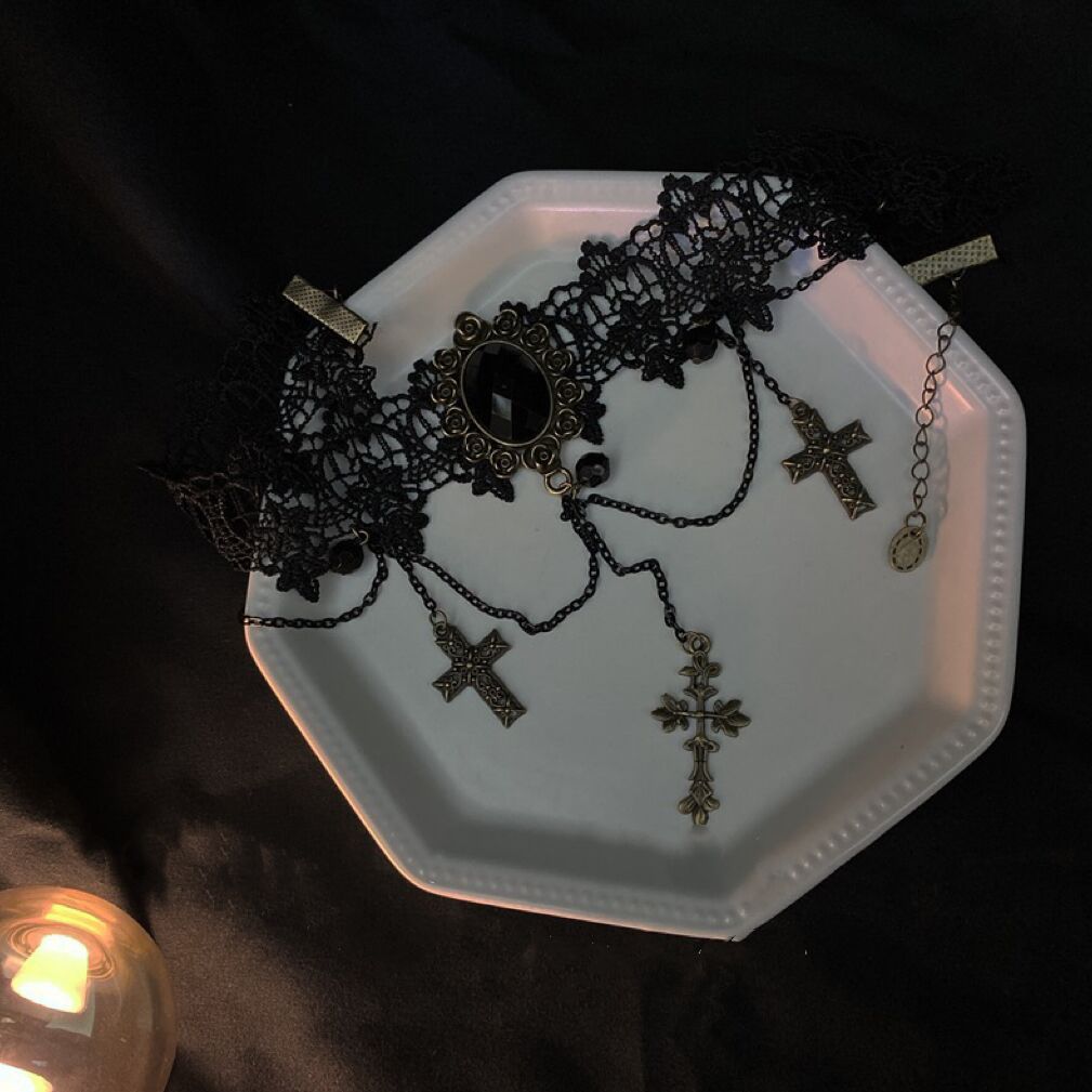 哥特风 暗黑洛丽塔蕾丝十字架朋克蹦迪锁骨链choker颈带项圈女-阿里巴巴