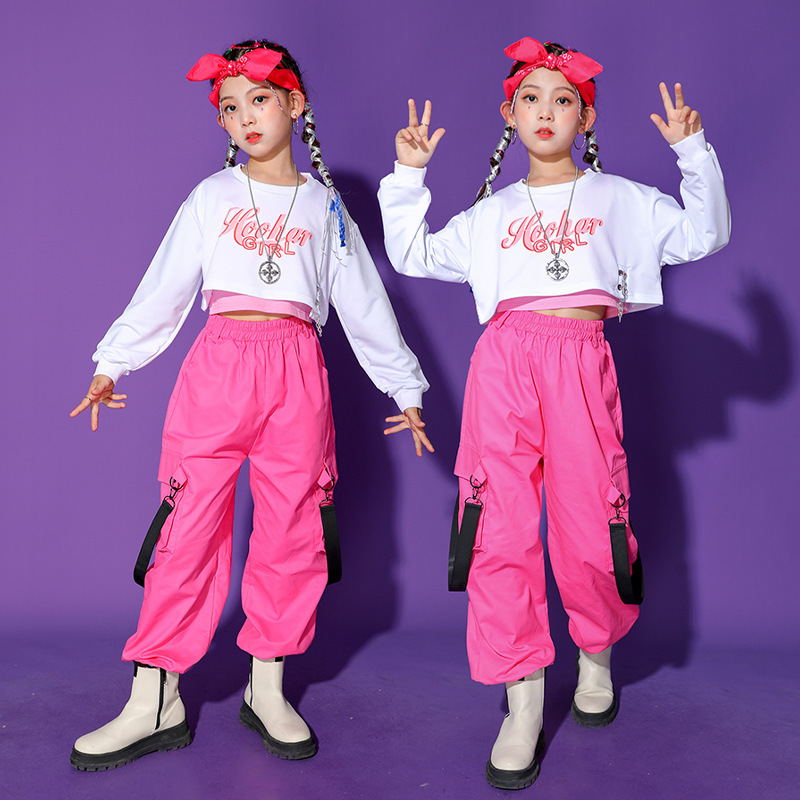 Children girls pink with white jazz hiphop rapaper dance outfits long ...