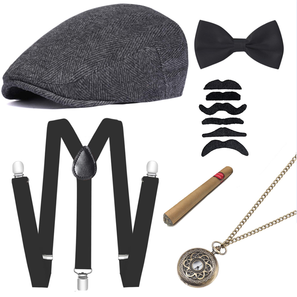 亚马逊男士主题派对贝雷帽 礼帽 雪茄怀表 背带领结五件套-阿里巴巴