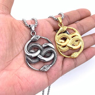 丰程外贸跨境饰品批发钛钢双蛇缠绕吊坠项链男士个性复古挂饰-阿里巴巴