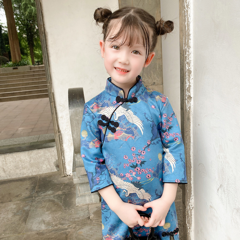 kids baby blue printed chinese dresses cheongsam qipao for girls hanfu ...