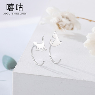 嘻咕E0940 S925银猫咪耳钩女简约耳骨环气质森系不对称猫咪耳饰-阿里巴巴