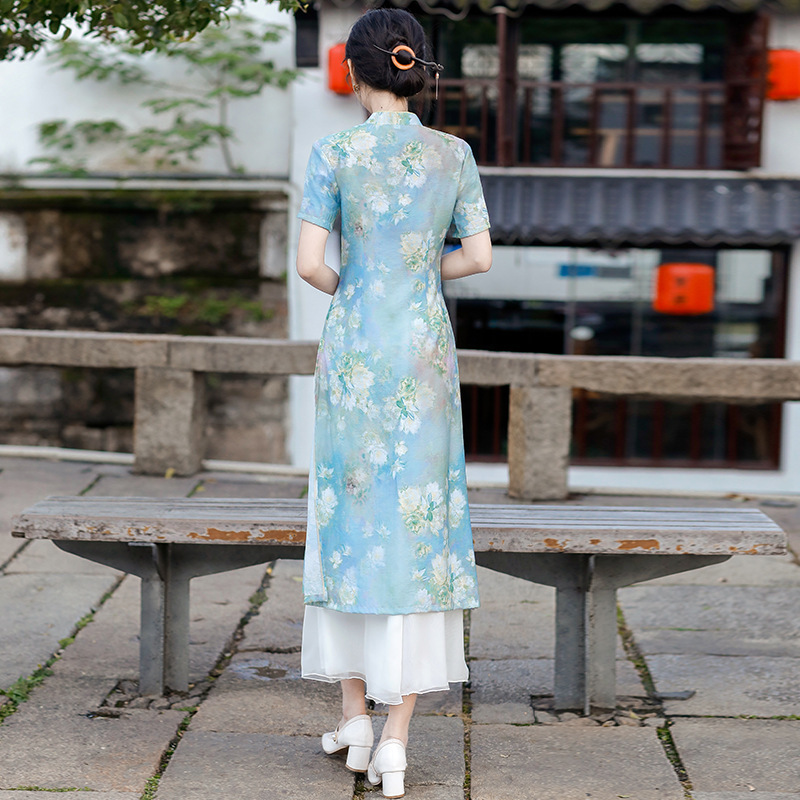 Women blue purple floral Chinese dress Oriental Retro Qipao Cheongsam ...