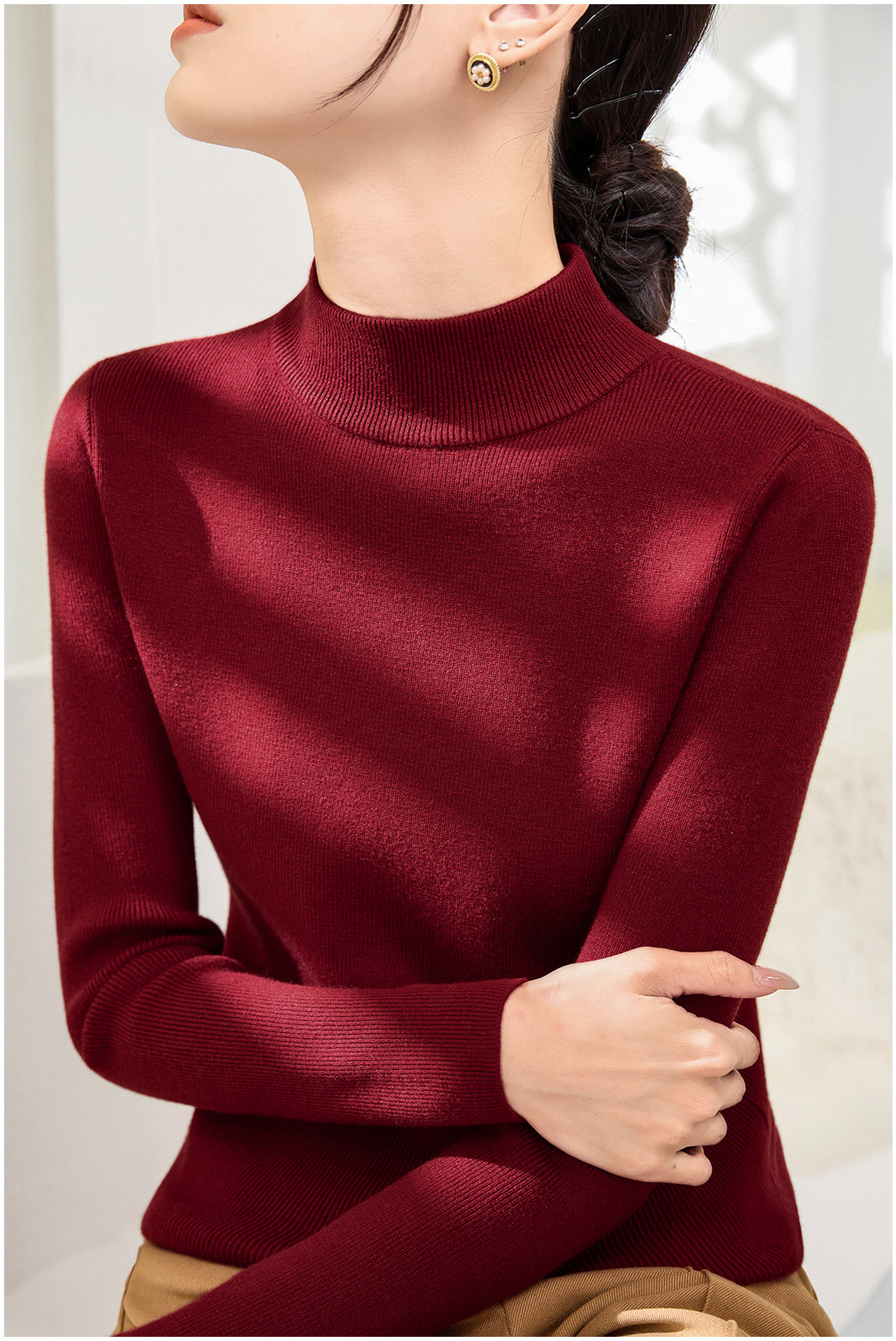 酒红色半高领毛衣2025冬季新款修身长袖针织衫加厚款内搭打底上衣-阿里巴巴