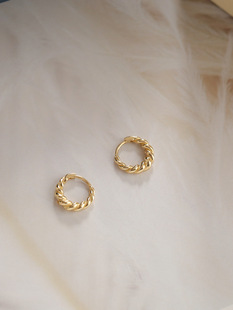 S925银镀14K金耳环简约素金麻花螺纹耳骨环小耳环耳饰女款ins风-阿里巴巴