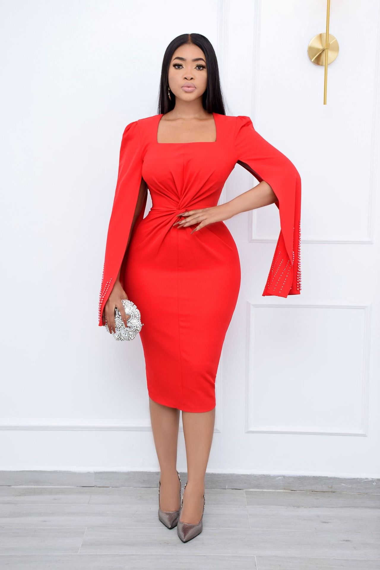 L0367速卖通 亚马逊欧美外贸女装冬季钉珠斗篷扭结收腰纯色连衣裙-阿里巴巴