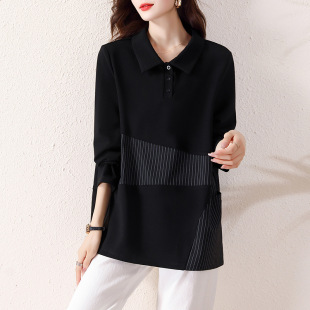 实拍L-5XL翻领拼接上衣2024秋季条纹胖MM显瘦遮肉宽松长袖-阿里巴巴