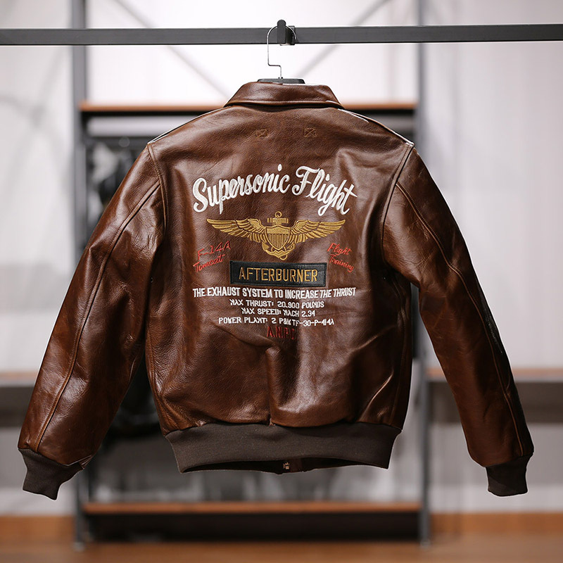 AVFLY翅膀刺绣A2真皮飞行服夹克 男头层油蜡牛皮皮衣男装-阿里巴巴
