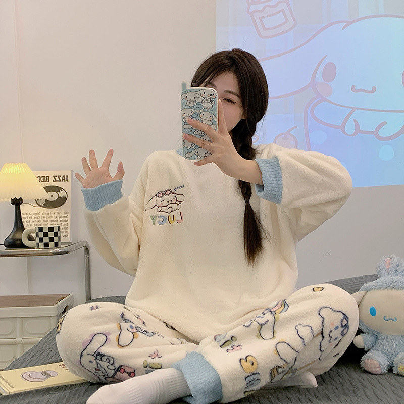新款网红ins风法兰绒睡衣女秋冬季珊瑚绒韩版卡通漫画风可外穿-阿里巴巴