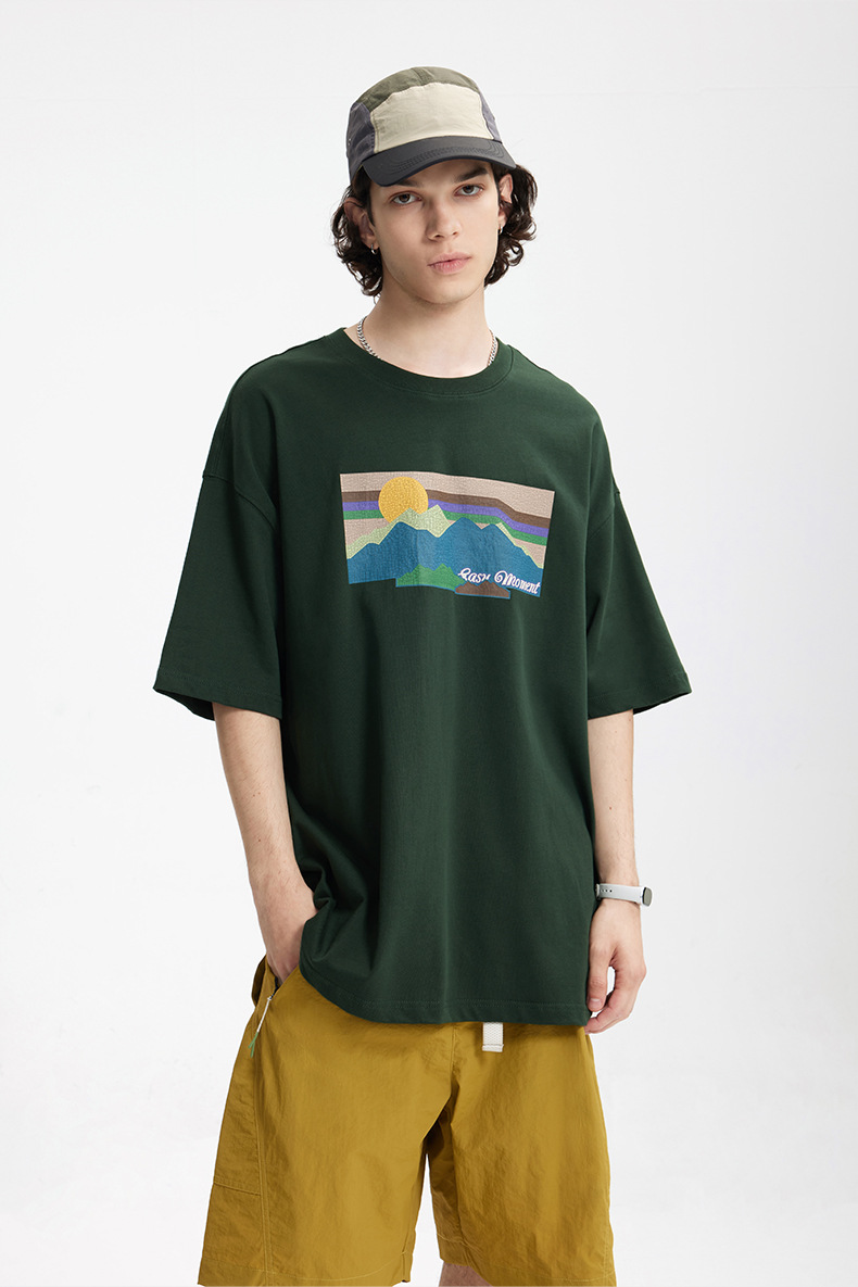 捷展男装|265G山系裂纹重磅日落印花T恤2025春夏新品宽松潮牌短袖-阿里巴巴