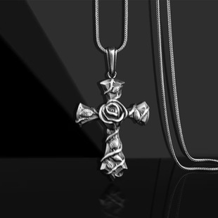 欧美复古男女嘻哈项链荆棘玫瑰十字架吊坠个性化朋克风哥特项链-阿里巴巴