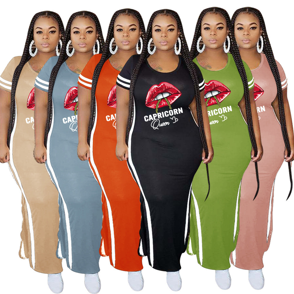 2022跨境专供欧美女装夏季大码连衣裙圆领短袖条纹拼色嘴唇长裙-阿里巴巴