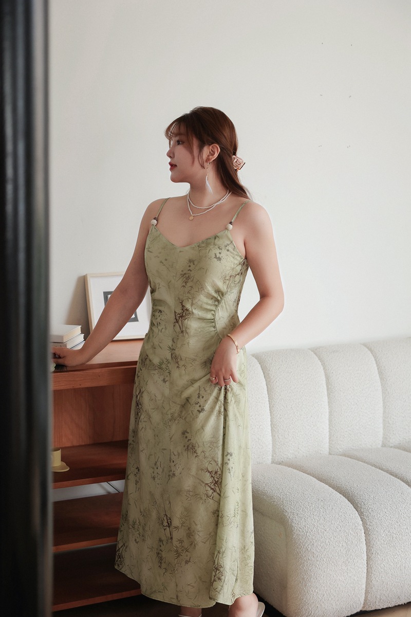 润其N8657翠竹禅意新中式V领串珠吊带裙批发 大码国风吊带连衣裙-阿里巴巴