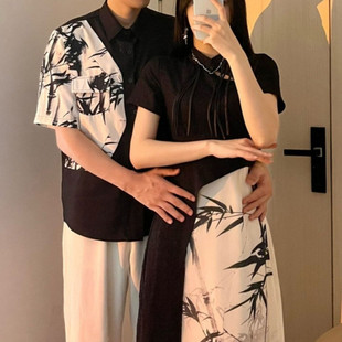 Y7U水墨画拼接衬衣男时尚潮流女生旗袍连衣裙网红情侣假两件新中-阿里巴巴