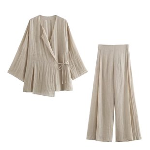 BM&MD&ZA新品女装时尚套装新中式优雅系带上衣+飘逸阔腿开叉长裤-阿里巴巴