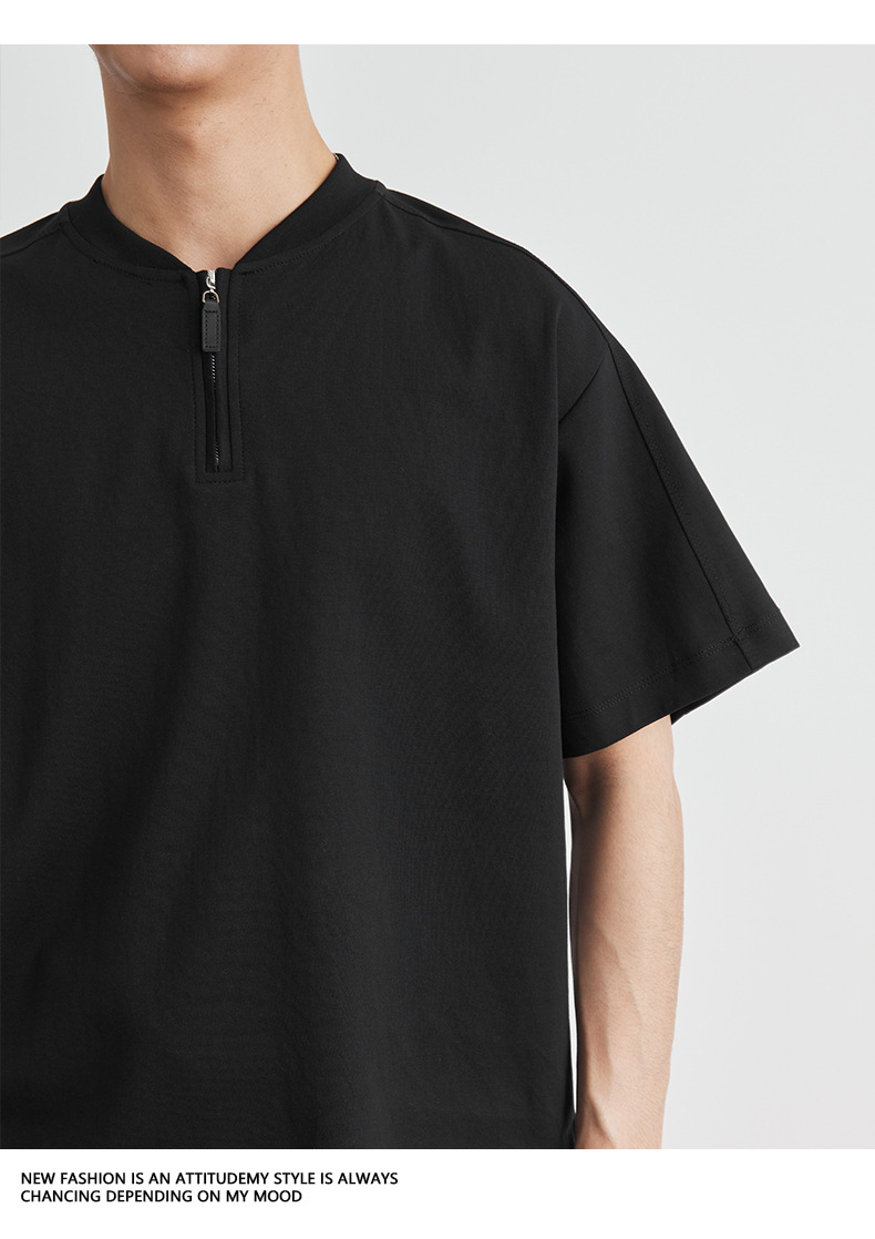 亦止夏季cleanfit纯色半拉链短袖T恤男2025潮牌宽松休闲半袖上衣-阿里巴巴