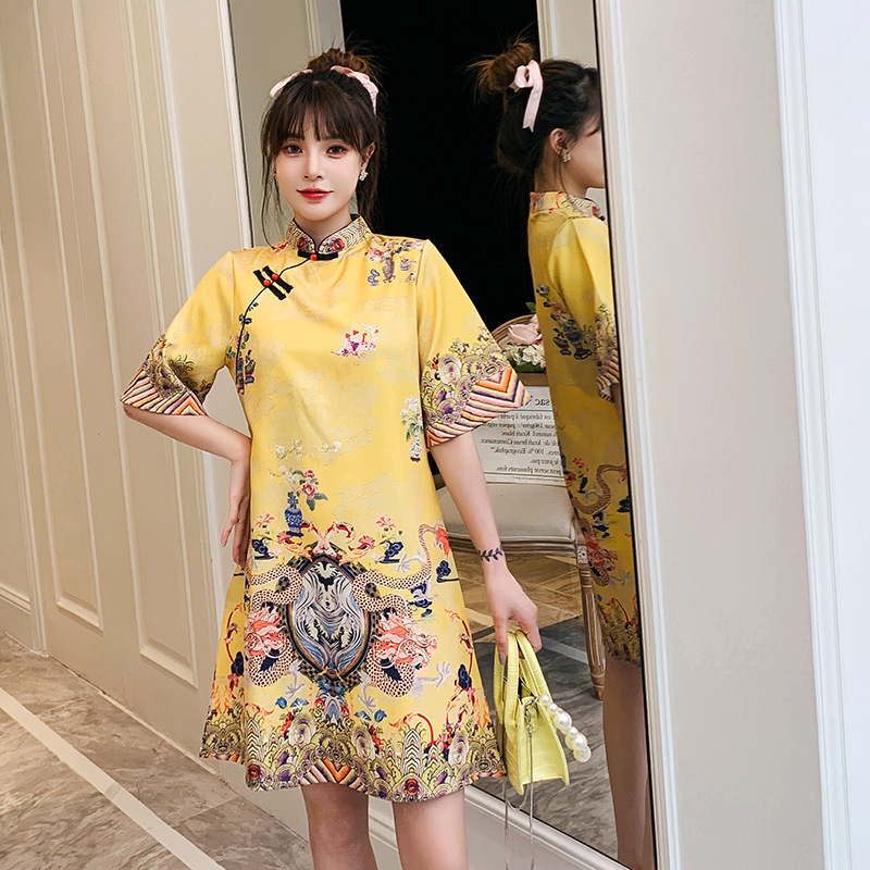 Yellow floral printed retro chinese dress qipao oriental cheongsam ...