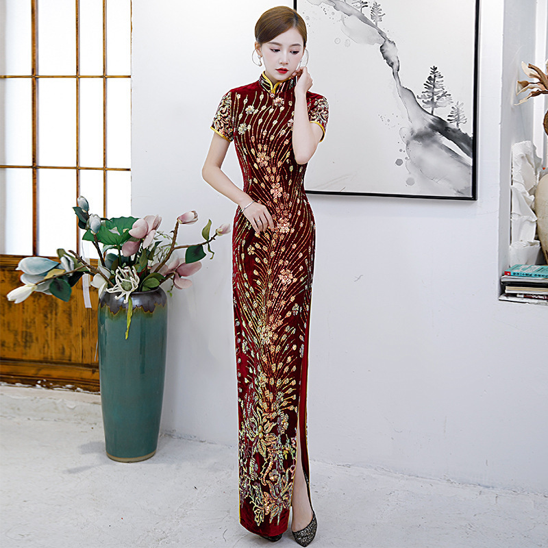 Sequins glitter Runway qipao Chinese Dresses Oriental Qipao long stage ...