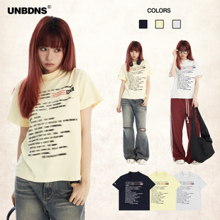UNBDNS 美式复古高街半高领短袖T恤女夏季简约潮牌新款半袖上衣-阿里巴巴