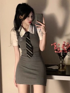 jk纯欲polo领带假两件短袖收腰显瘦修身紧包臀学院风连衣裙女夏季-阿里巴巴