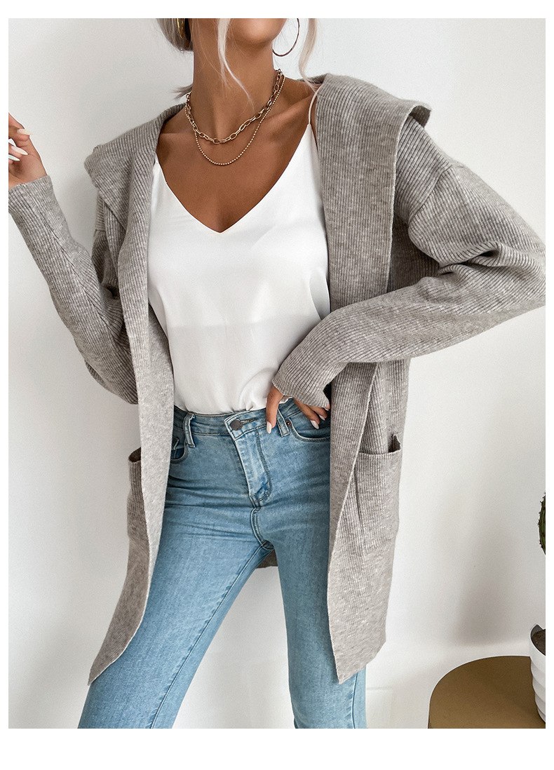 Women's Solid Color Hooded Knit Sweater Cardigan